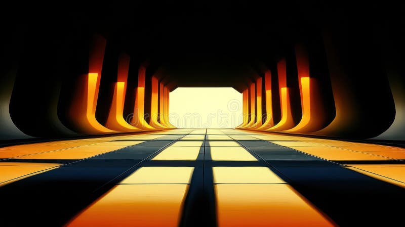 A Futuristic Corridor with Glowing Orange Lights Leading To a Bright ...