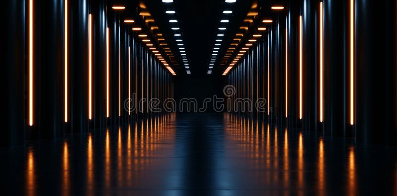Futuristic Corridor with Glowing Orange and White Lights, Creating ...