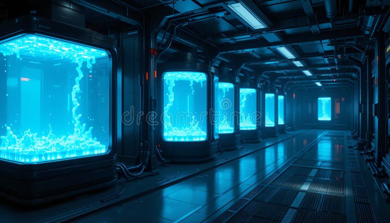 Futuristic Corridor with Glowing Panels Stock Illustration ...