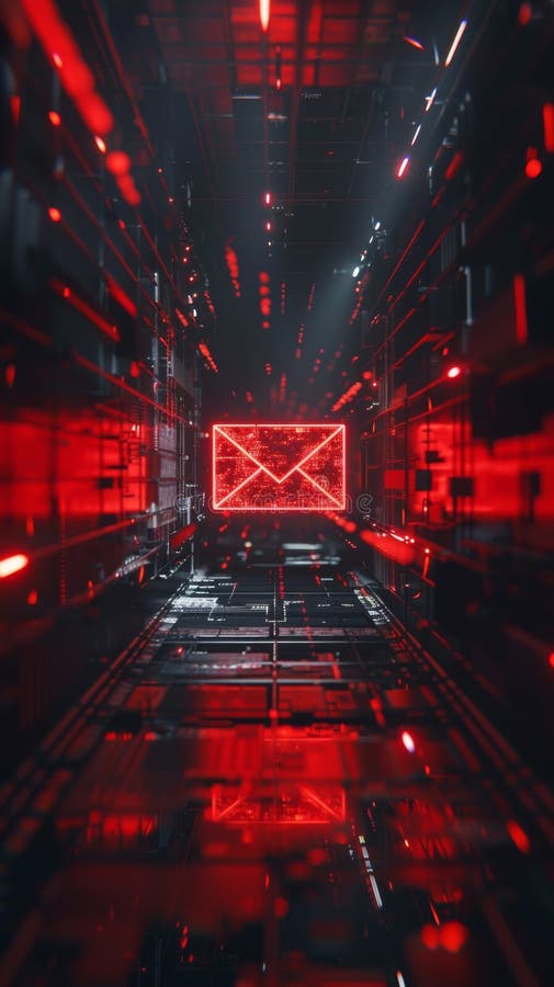 Futuristic Corridor with Glowing Red Digital Envelope Symbol, Dark Sci ...