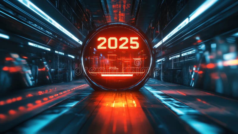 Futuristic Corridor with Glowing 2025 Sign in Sci-Fi Tunnel Stock Photo ...