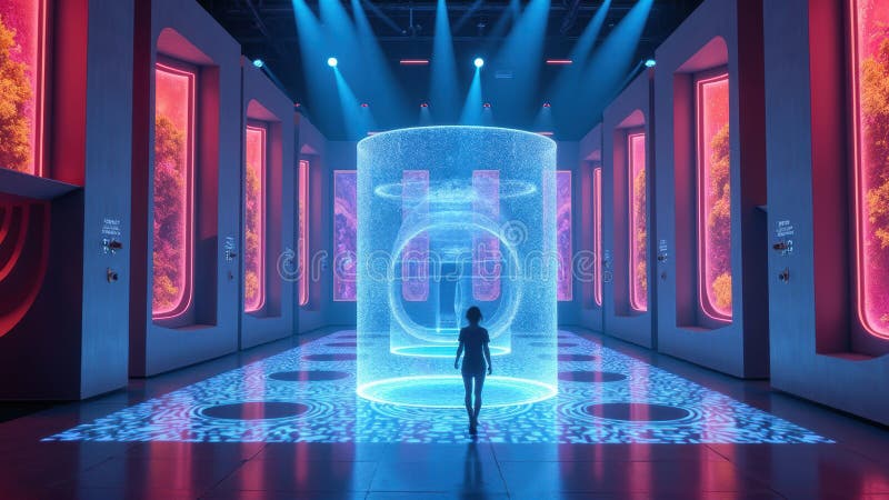 Futuristic Corridor with Holographic Cylinder and Person Stock Illustration - Illustration of ...