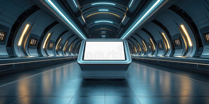 Futuristic Corridor with Illuminated Panels and a Central Display in a ...