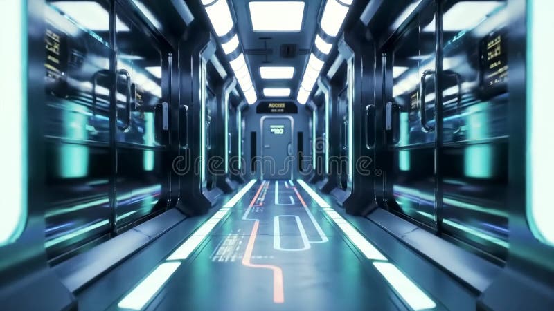 Futuristic Corridor with Illuminated Panels and a Central Door, Evoking ...