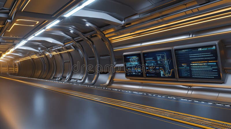 Futuristic Corridor with Illuminated Walls and Digital Displays in a ...