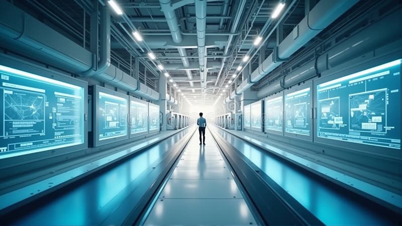 Futuristic Corridor with Interactive Displays Stock Illustration ...