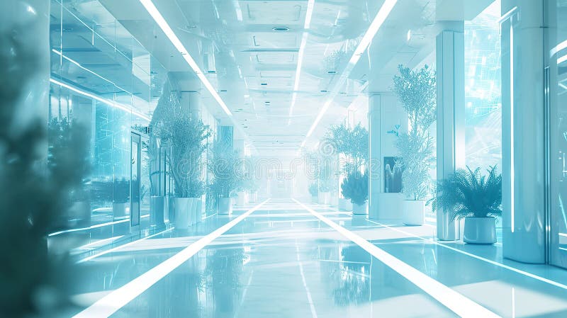 Futuristic Corridor Interior Design with Neon Lighting and Plants ...