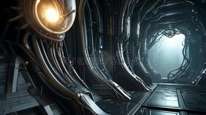 Futuristic Corridor with Intricate Mechanical Structures and Mysterious ...