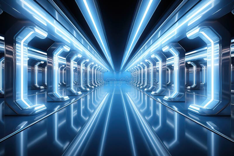 Futuristic Corridor with Ion Light and Reflective Floor. Stock Photo ...