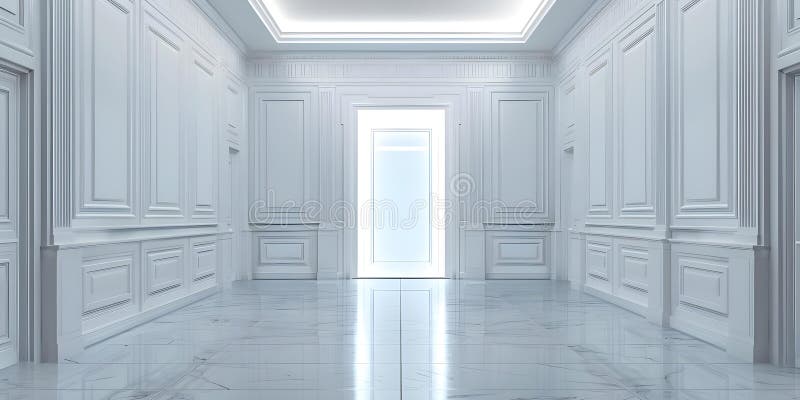 Futuristic Corridor Leading To a White Door with a Classical High-tech ...