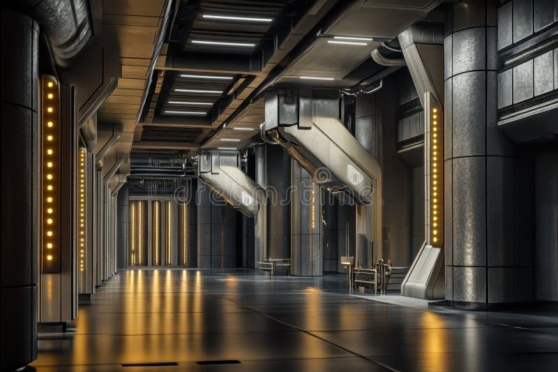 Futuristic Corridor with Metallic Walls and Illuminated Features in a ...