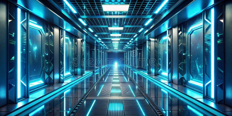 Futuristic Corridor with Neon Blue Lighting and Reflective Floors ...