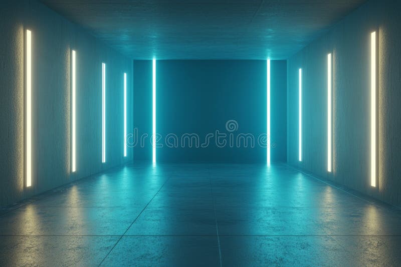 A Futuristic Corridor with Neon Blue Lights and Reflective Floors. 3D ...
