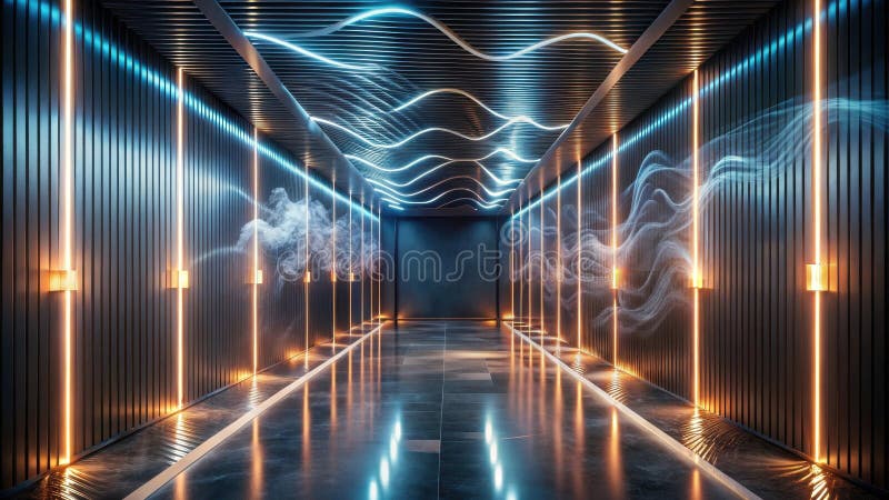 Futuristic Corridor with Neon Lighting and Smoky Atmosphere an ...