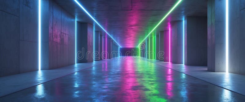 Futuristic Corridor with Neon Lights Concrete Walls Reflective Floor ...