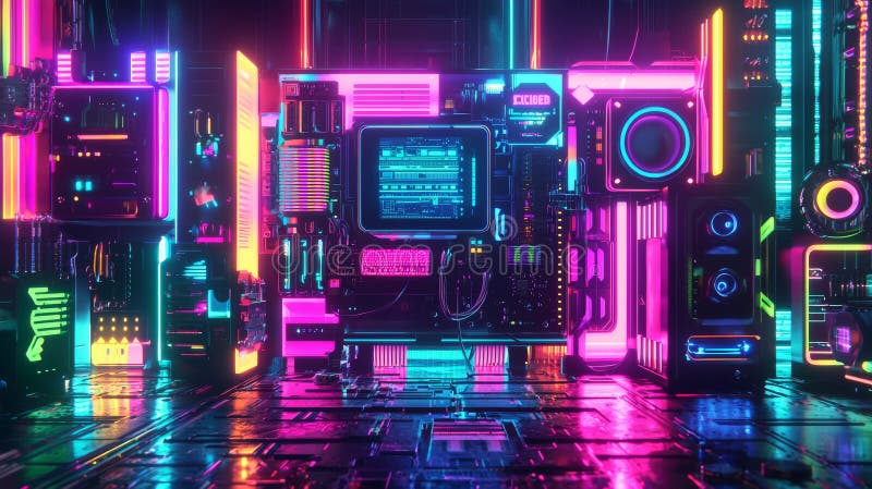 A Futuristic Corridor of Neon Lights within Digital Technology Stock ...