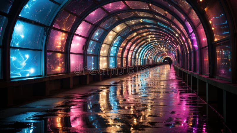 Futuristic Corridor with Neon Lights and Reflections in the Water Stock ...