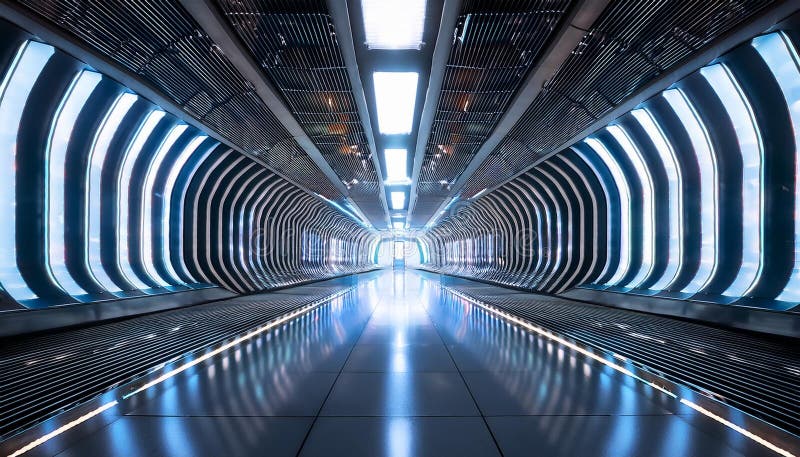 Futuristic Corridor with Neon Lights and Reflective Floor. 3D Rendering ...