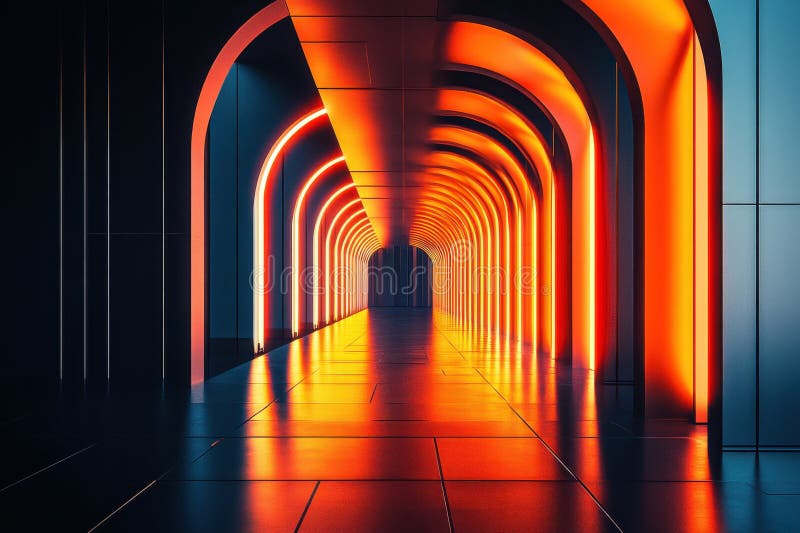 Futuristic Corridor with Neon Lights in Symmetrical Architecture Design ...