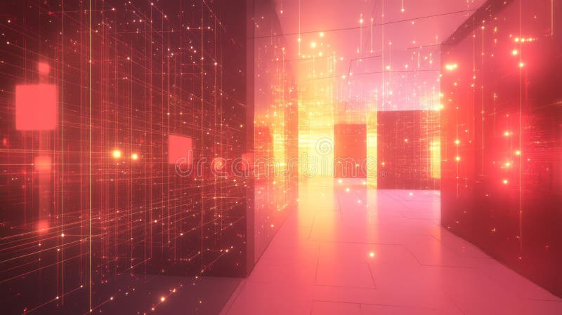 Futuristic Corridor with Red and Yellow Lighting and Grid Pattern Stock ...