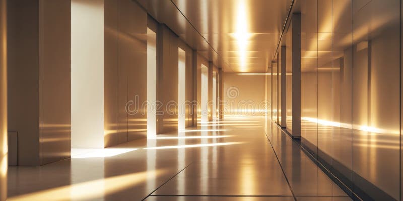 Futuristic Corridor with Reflective Surfaces and Warm Light Effects ...