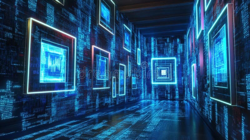 Digital Corridor Showing Glowing Screens and Data Stream in Cyber ...