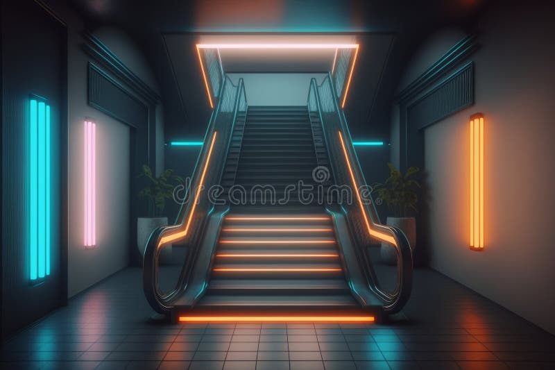 Futuristic Corridor with Stairs and Neon Lights, Generative AI Stock ...