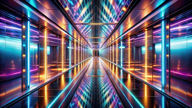 A Futuristic Corridor with Vibrant Neon Lighting and Reflective ...