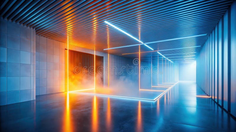 Futuristic Corridor with Vibrant Neon Lights and Hazy Atmosphere ...