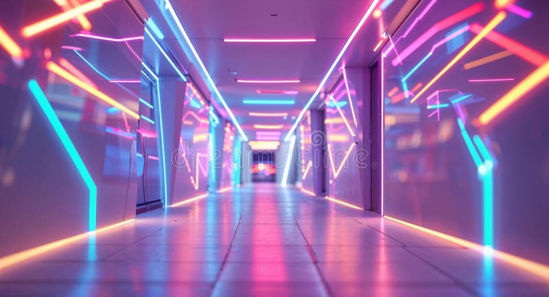 Futuristic Corridor with Vivid Neon Light Displays. Stock Photo - Image ...