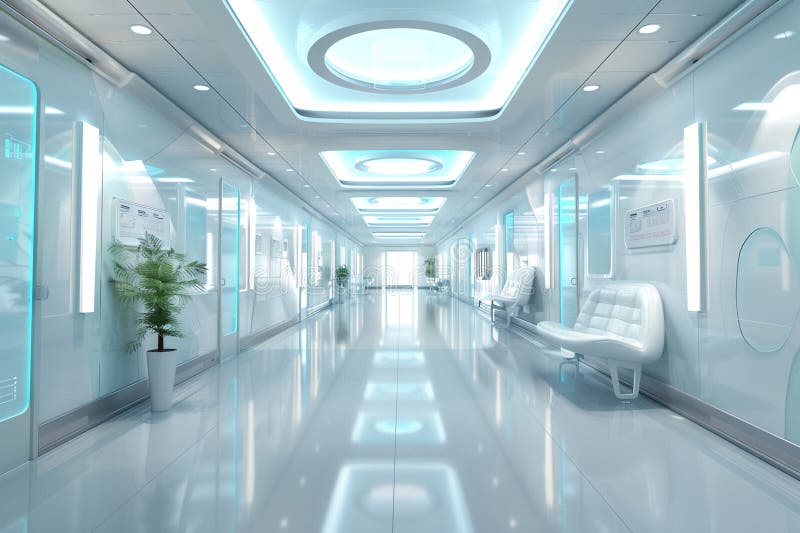 Futuristic Corridor in White with Blue Lights. Clean, Modern Design and ...