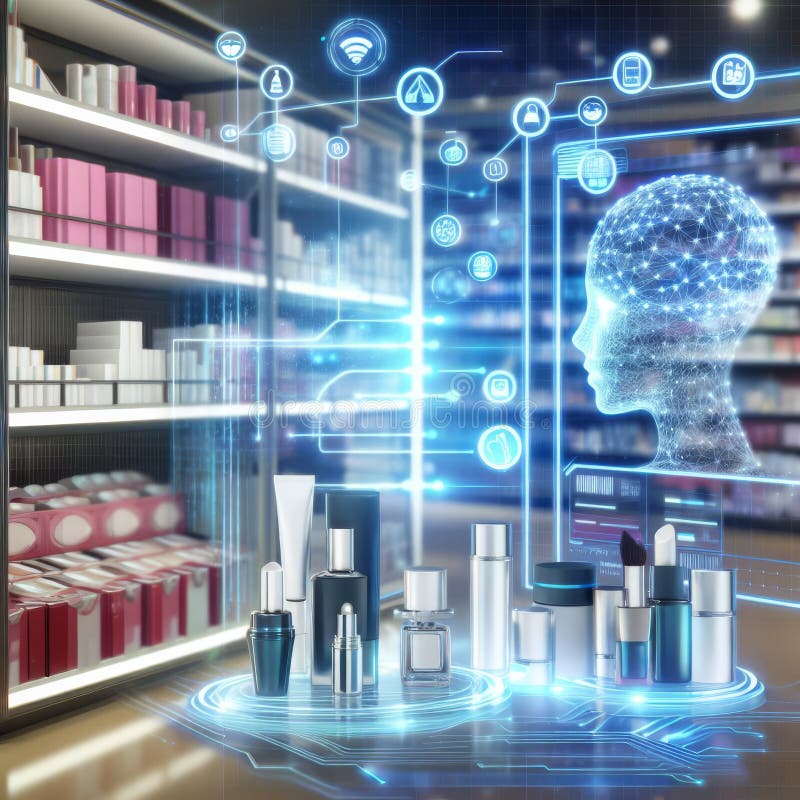 Futuristic Cosmetics Display with Digital Model Stock Image - Image of ...