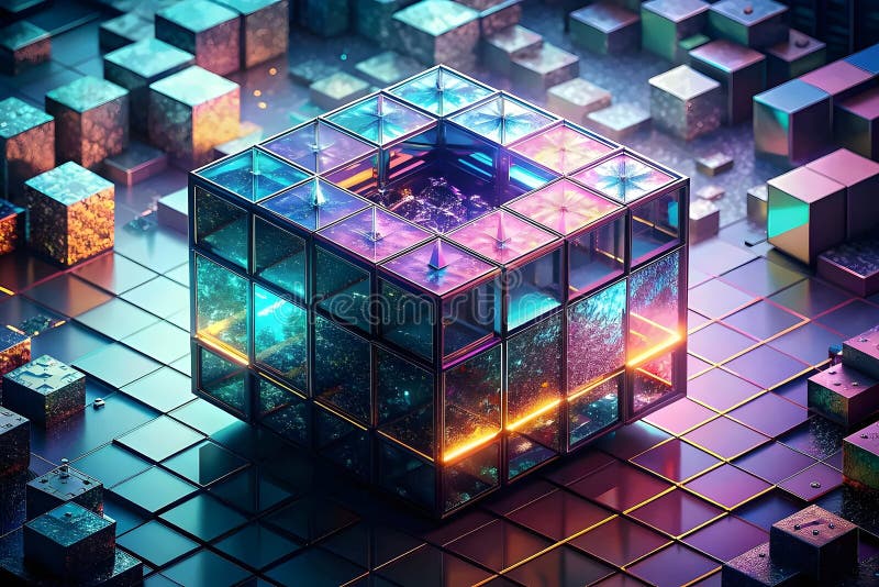 Futuristic Cosmic Cube Structure Neon Lights Reflections Stock ...