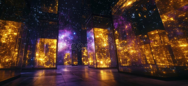 Futuristic Cosmic Room with Glowing Mirrors and Starry Galaxy ...