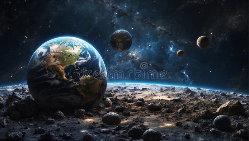 Futuristic Cosmic Scene with Few Replicas of Earth Set Against the Vast ...