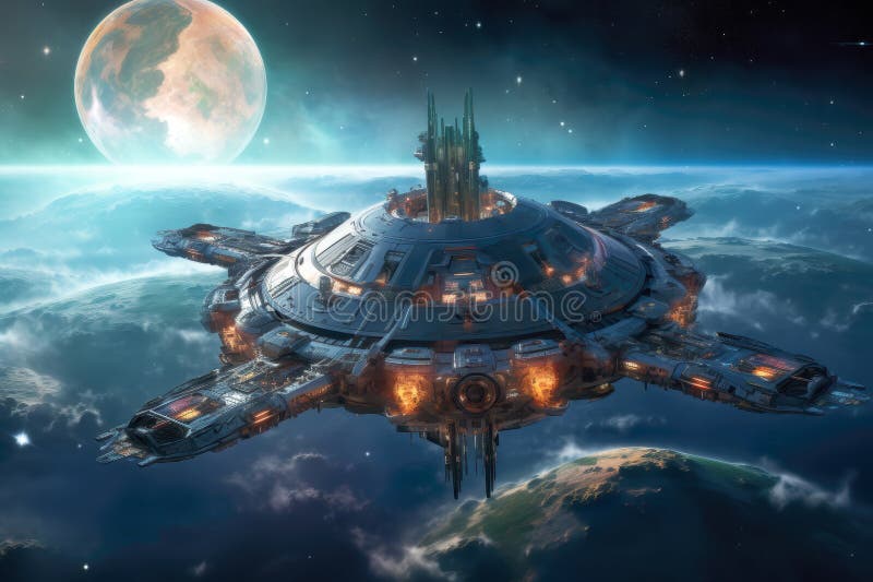 Cosmic Spaceship Flying in Space Surrounded by Planets, AI Generated ...