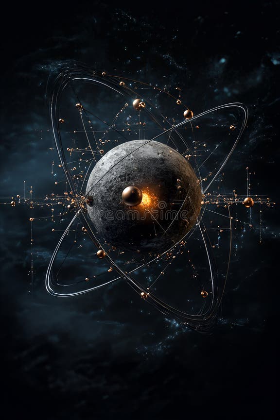 Futuristic Cosmic Sphere with Metallic Orbits and Glowing Particles in ...