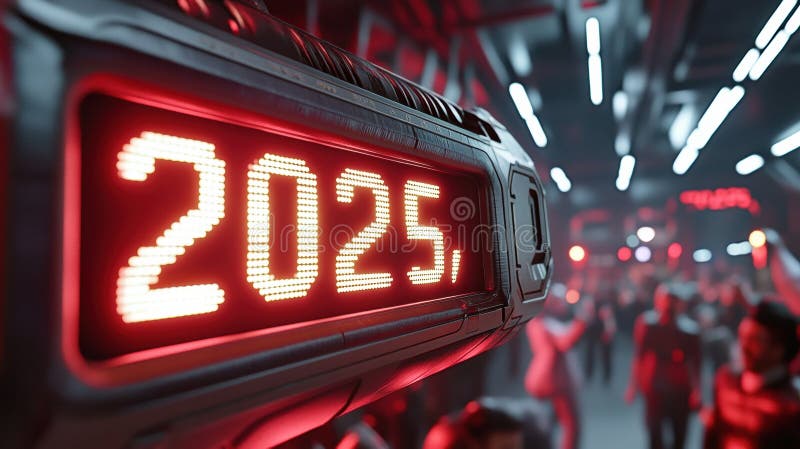 Futuristic Countdown Display with Glowing Red Numbers in a Bustling ...