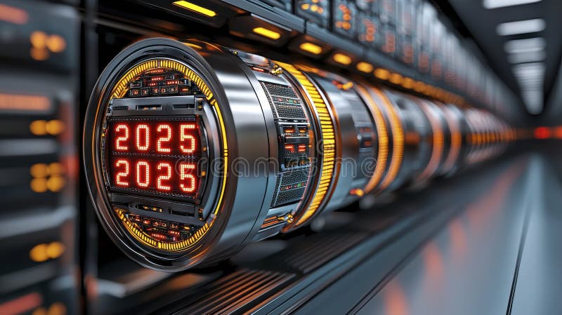 Futuristic 2025 Countdown Glowing Orange Digital Numbers on Metallic ...