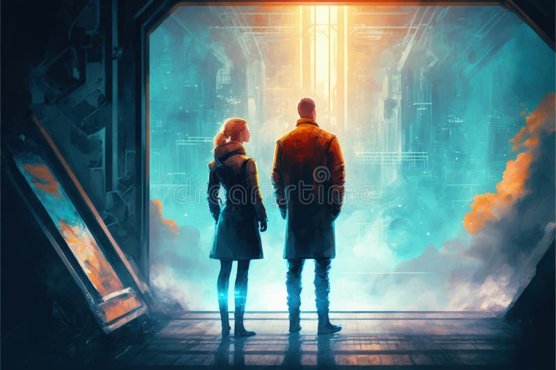 A Futuristic Couple Stands in the Advanced Forge, Sci-fi Setting Stock ...