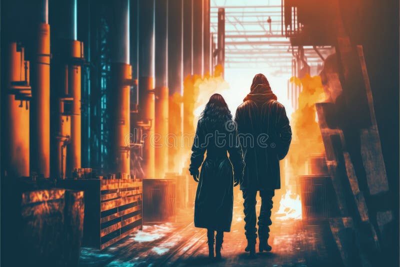 A Futuristic Couple Stands in the Advanced Forge, Sci-fi Setting Stock ...