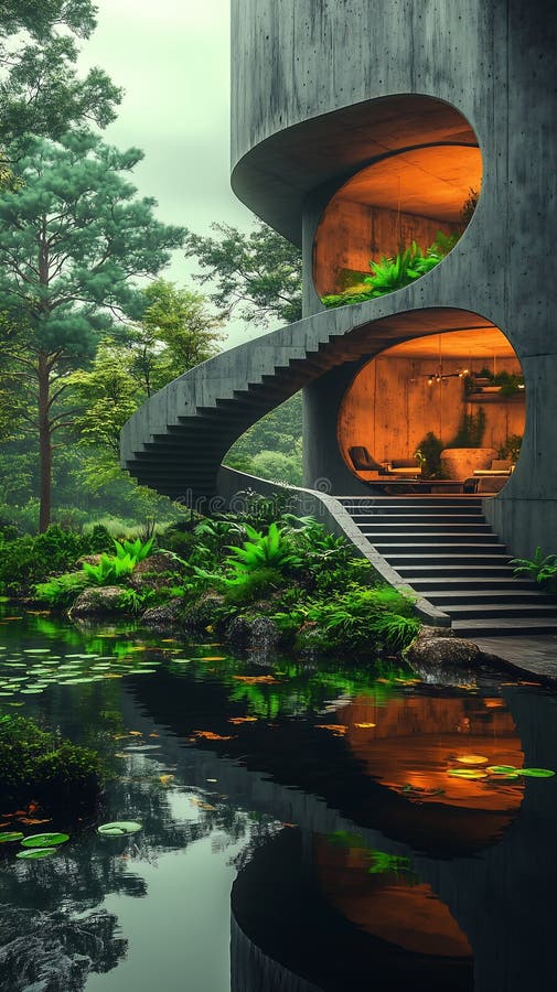 Futuristic Courtyard with Nature Elements and Spiral Architecture ...