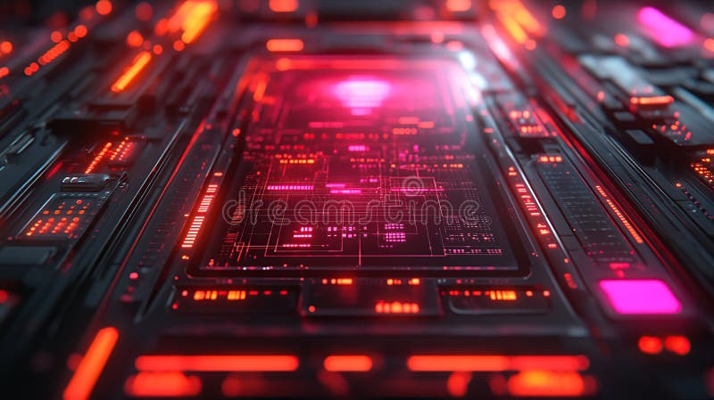 Futuristic CPU Activates; Red Circuits Glow, Data Streams Stock Image ...