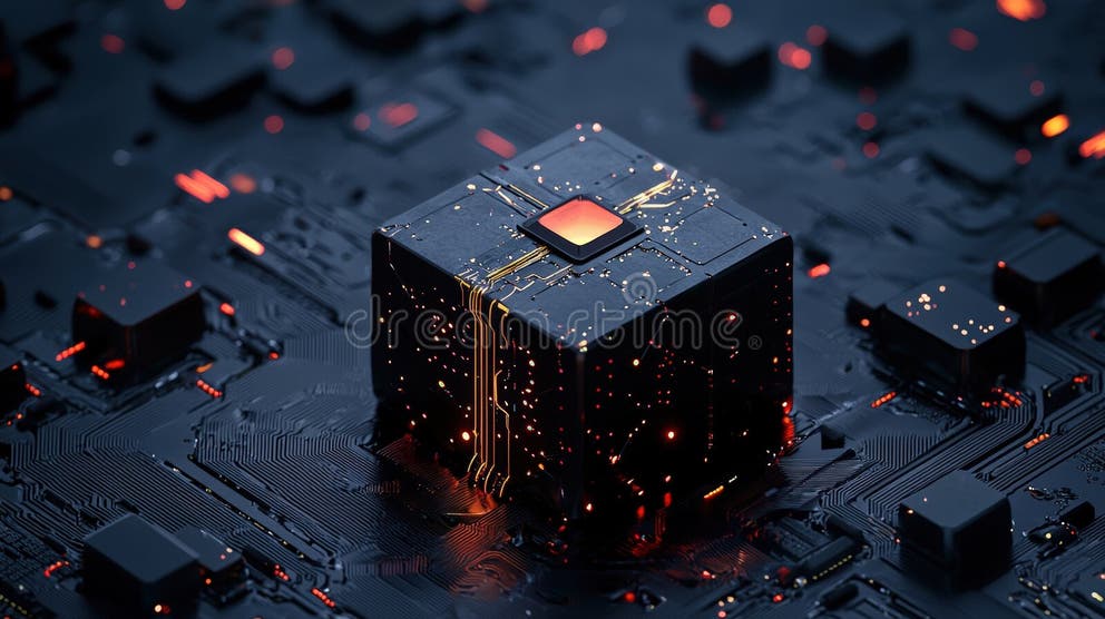 Futuristic CPU Chip on a Dark Circuit Board with Glowing Elements Stock ...