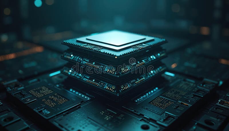 Futuristic CPU Stack in Dark Tech Setting. Central Processing Unit, Processor, Circuit Board ...
