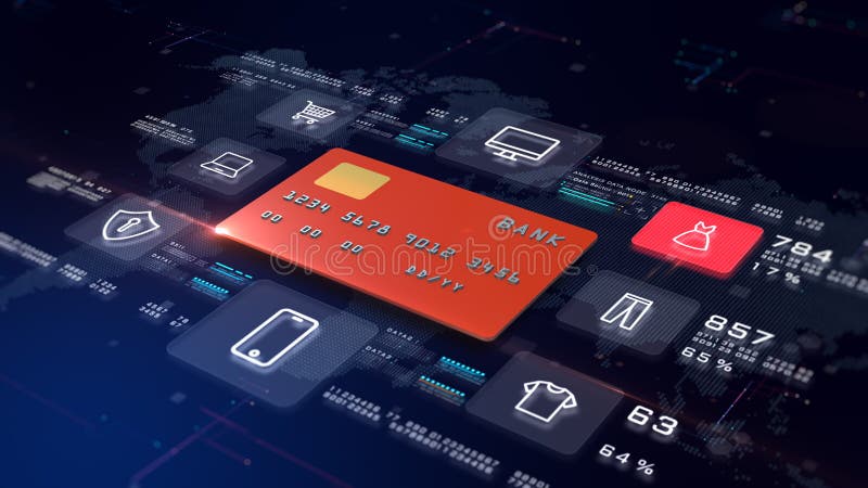 Futuristic Credit Card Animation with Online Shopping Icons and Data ...