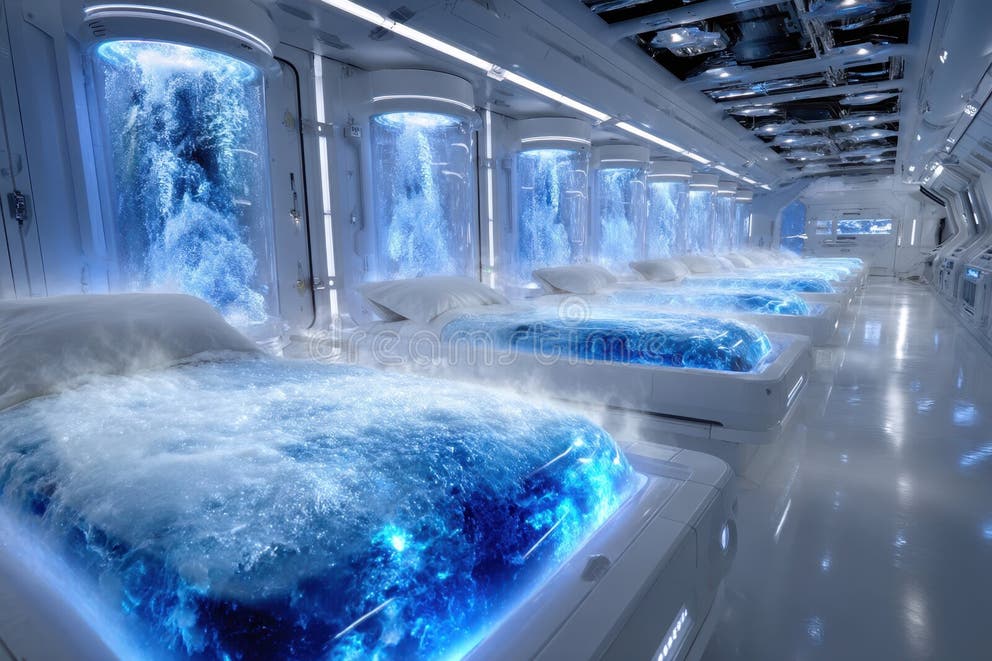 Futuristic Cryogenic Chamber with Floating Beds and Water Effects in a ...