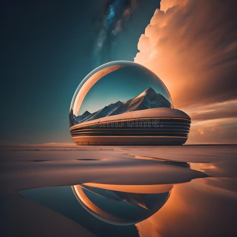 Futuristic Crystal Ball with Mountains Reflected in Water. Generative ...