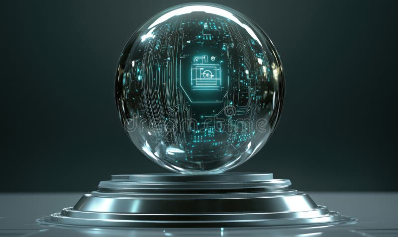 Futuristic Crystal Orb with Glowing Circuit Board Design on Metallic ...