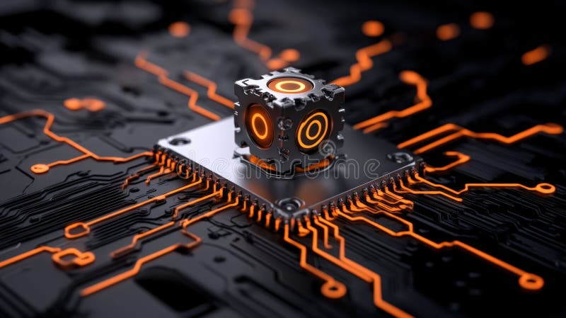 Futuristic Cube on a Circuit Board with Glowing Orange Lines Stock ...